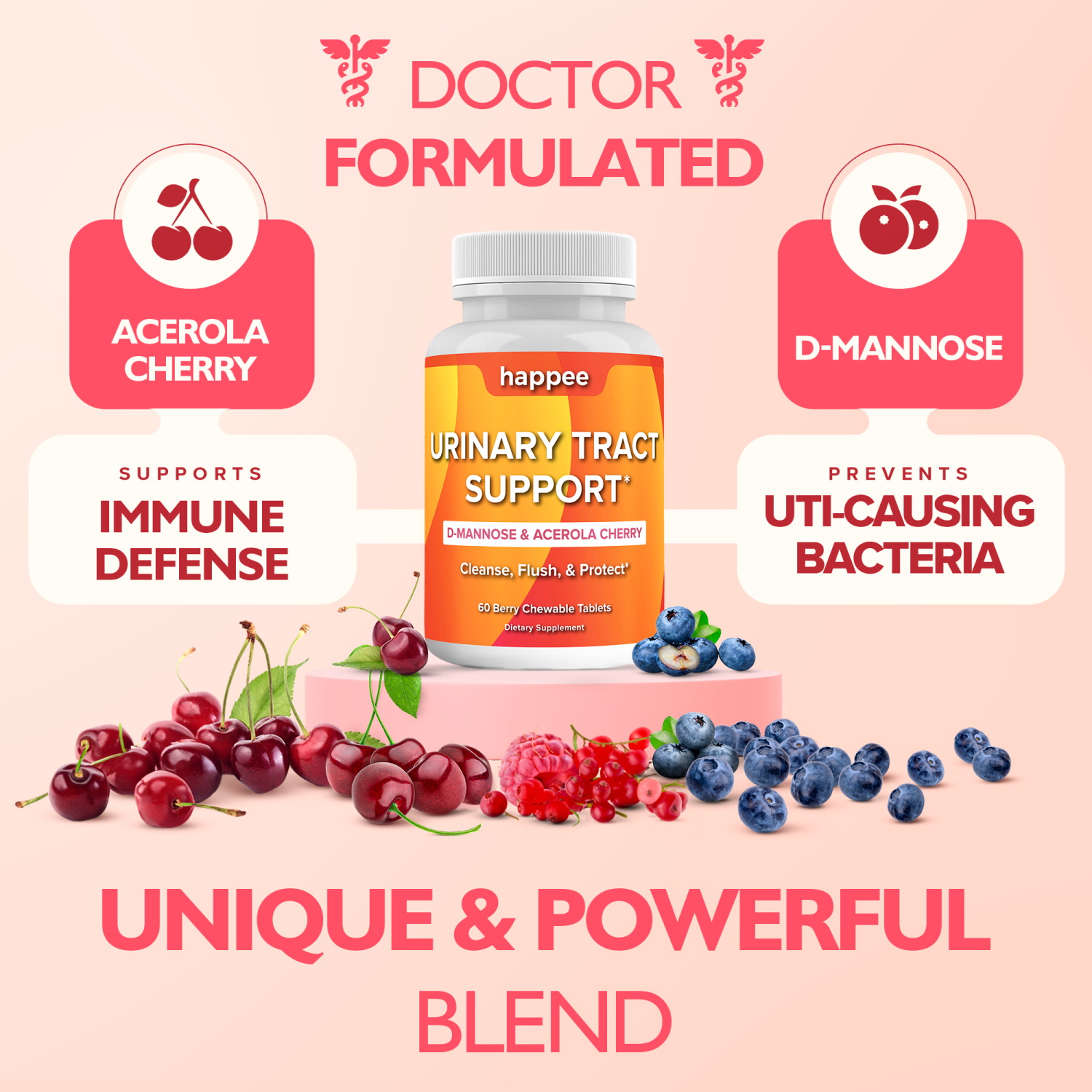 Chewable UTI Prevention Supplement by Happee, 60 Berry Tablets